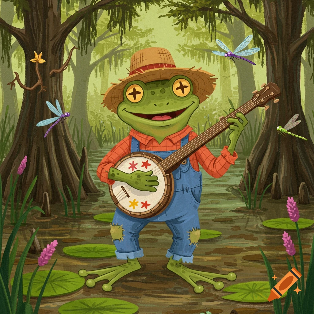 A cartoon frog in overalls and a straw hat plays a banjo in a swamp ...