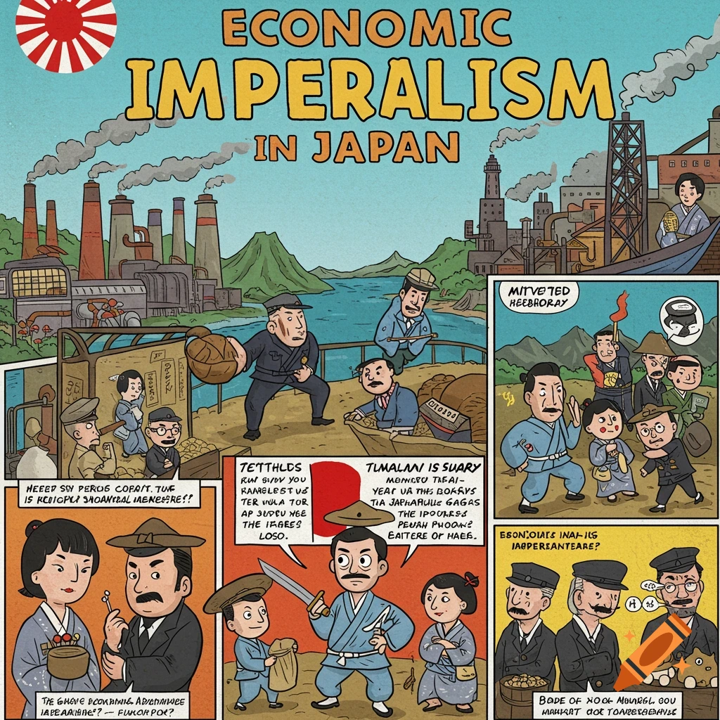 Cartoon drawing on imperialism in Japan, economic and political motives ...