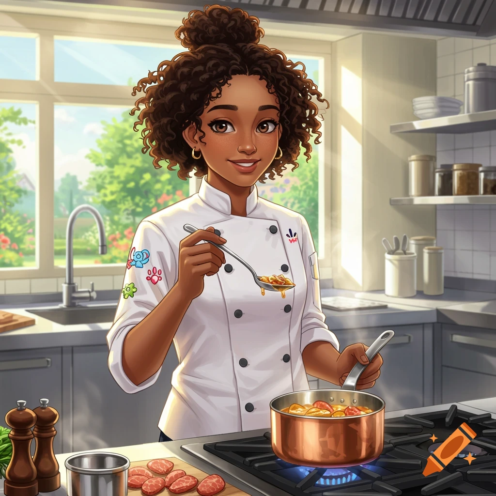 Curly-haired girl as executive chef on Craiyon