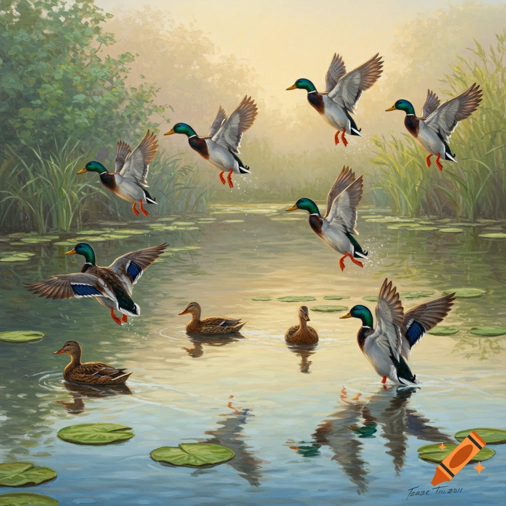 Ducks landing on a pond on Craiyon