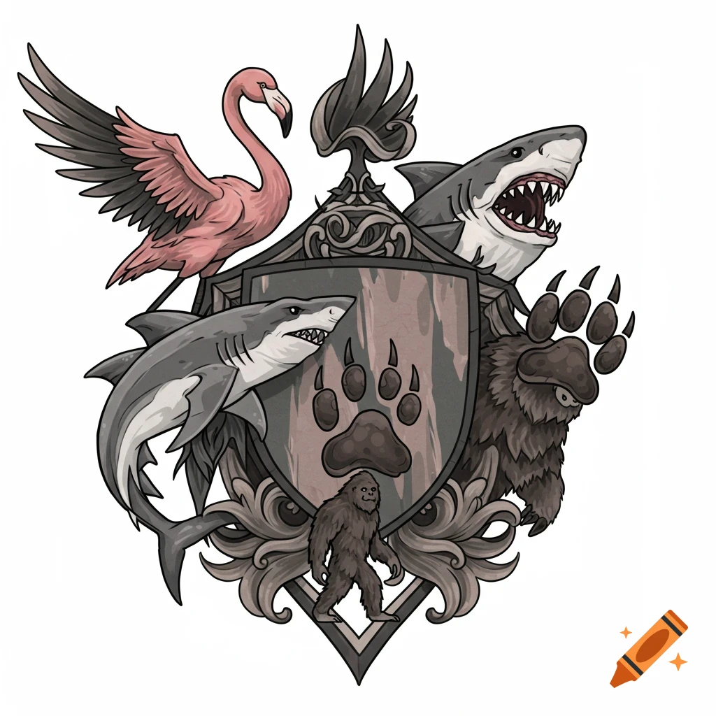 Stylized crest illustration with a flamingo, sharks, bear paw, and ...