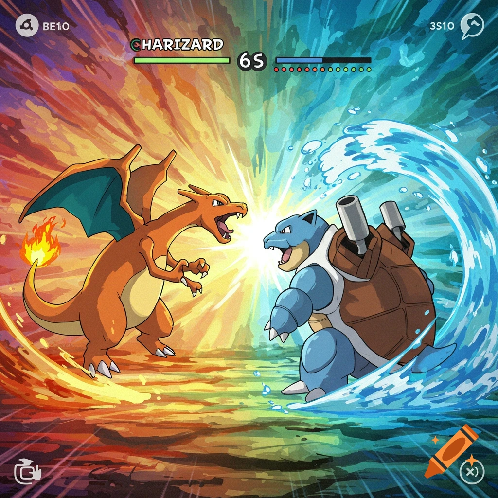 Charizard battles Blastoise with fire and water effects in a digital ...