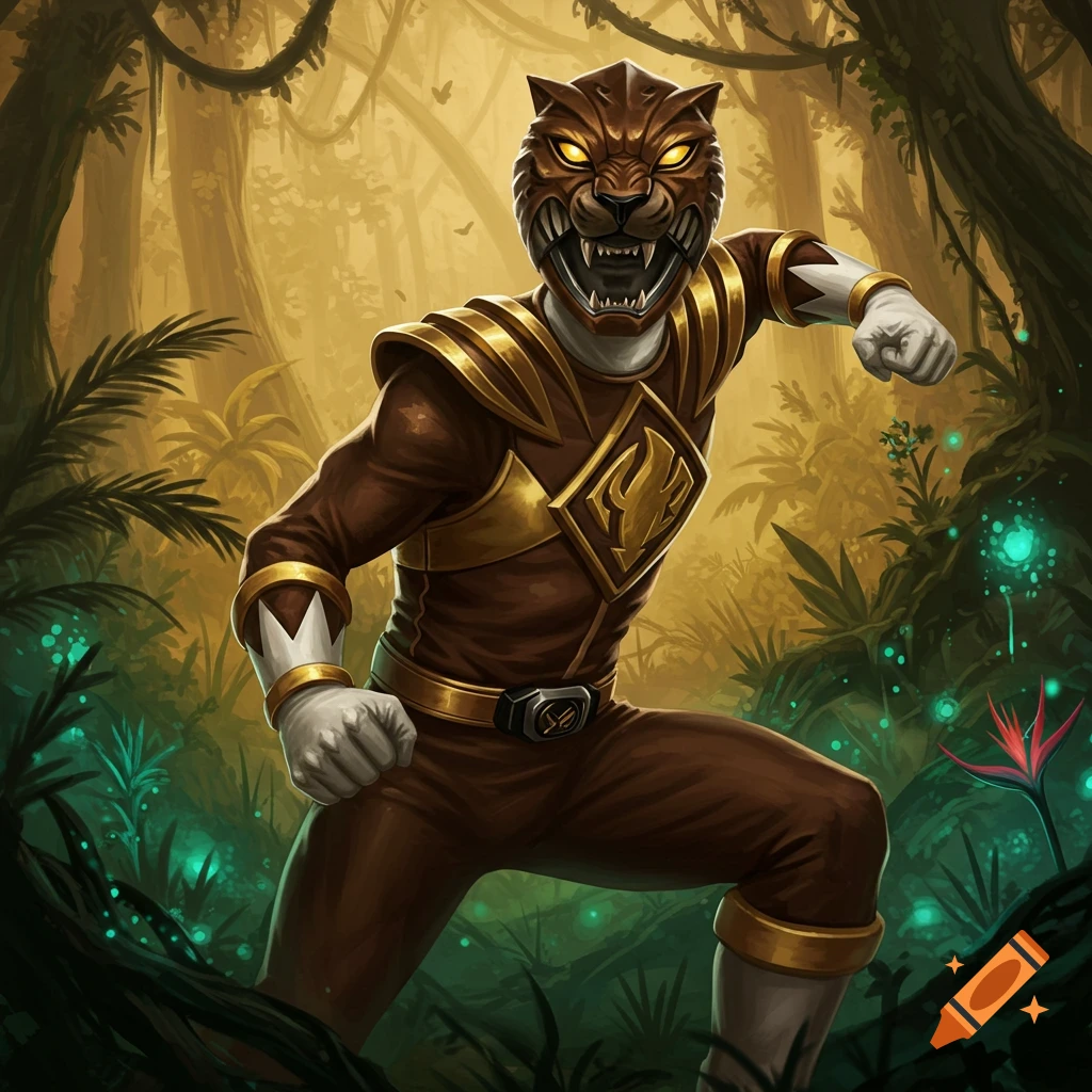 Brown Power Ranger in a jungle on Craiyon