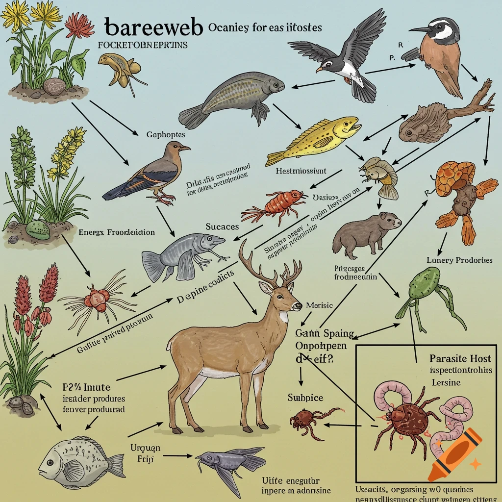 Drawing of a food web with a parasite host relationship on Craiyon