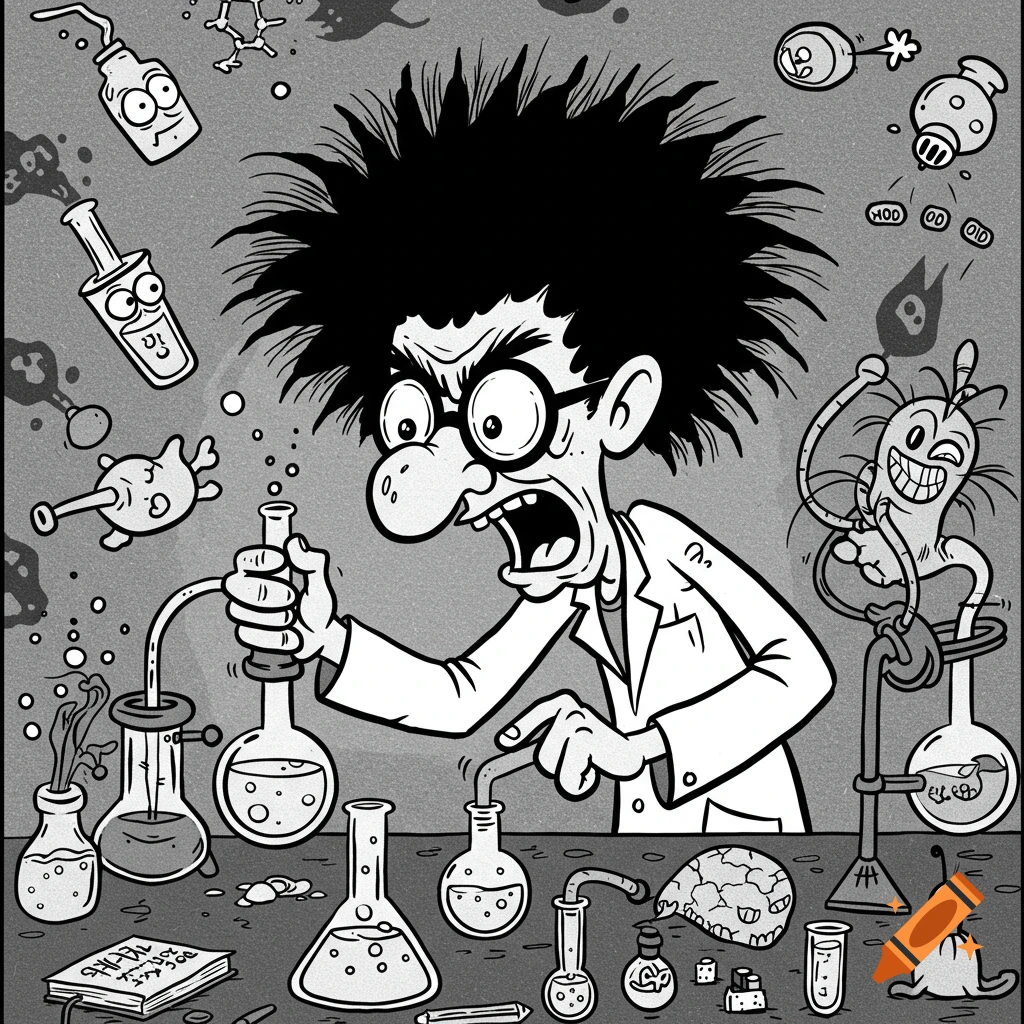 Black and white cartoon of a goofy scientist in Gary Larson style on ...
