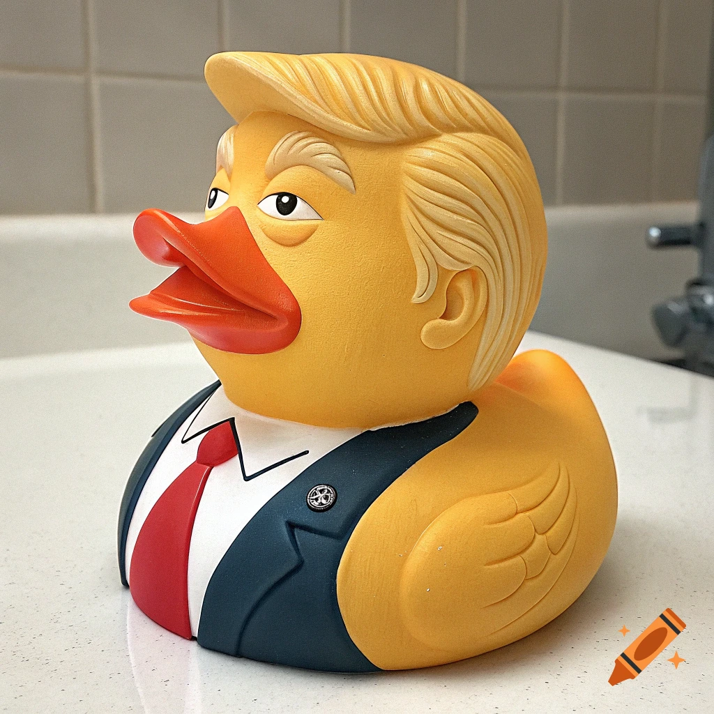 A rubber duck styled like Donald Trump wearing a suit and tie, sitting ...