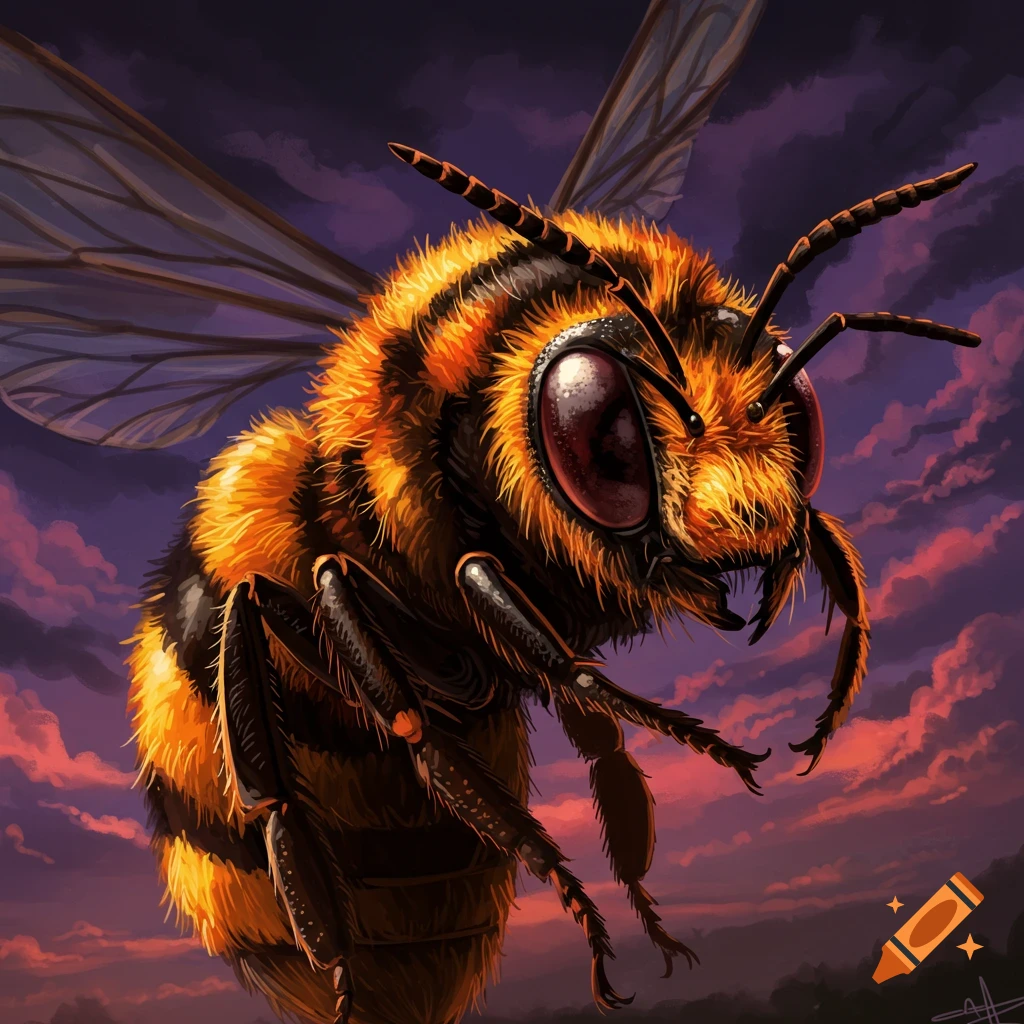 A bird in military gear and a robotic bee battle in a dramatic sunset ...