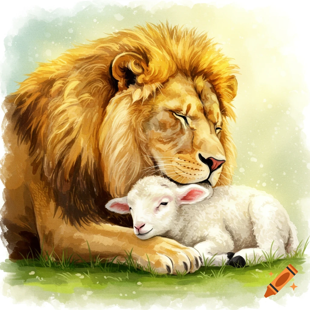 Lion and lamb sleeping watercolor on Craiyon