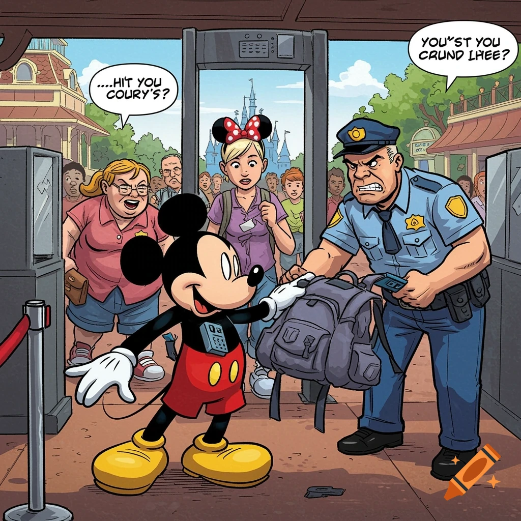 Mickey Mouse being searched at Disney World security checkpoint on Craiyon