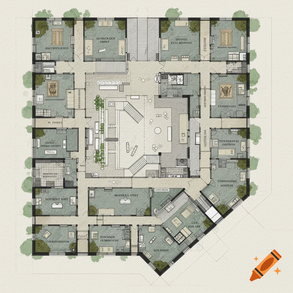 Detailed architectural floor plan blueprint of a museum layout with ...