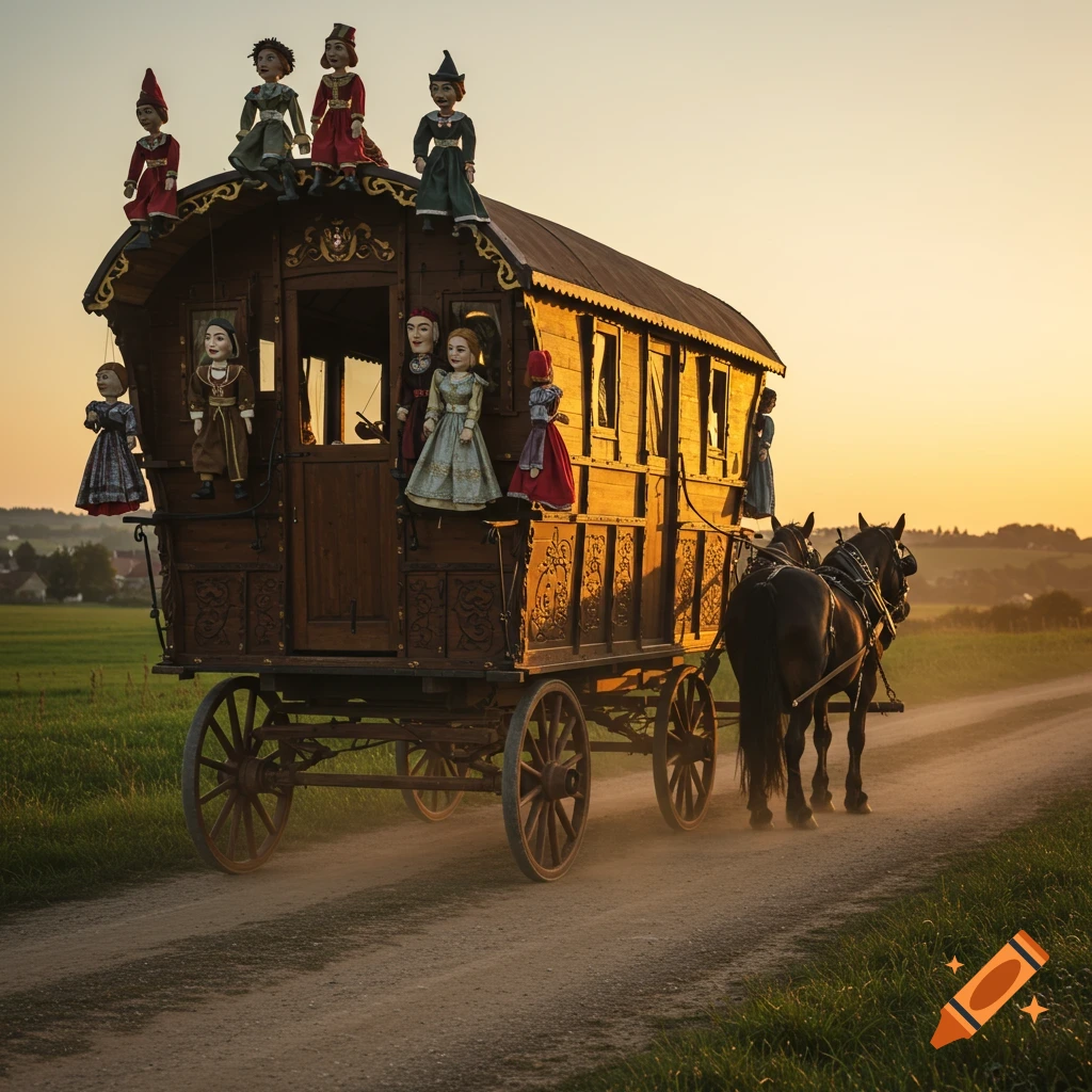 Photorealistic horse-drawn Gypsy wagon with wooden puppets on Craiyon
