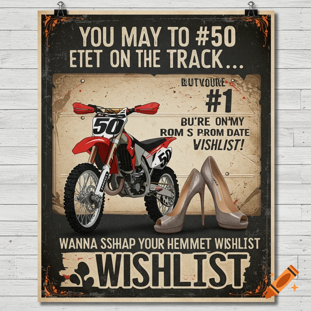 Prom proposal poster with dirt bike theme and quote on Craiyon