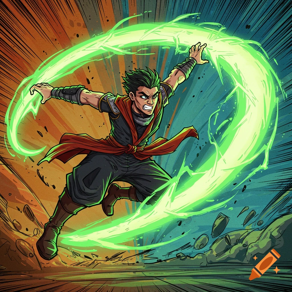 Cartoon drawing of a figure with green lightning and swords on Craiyon