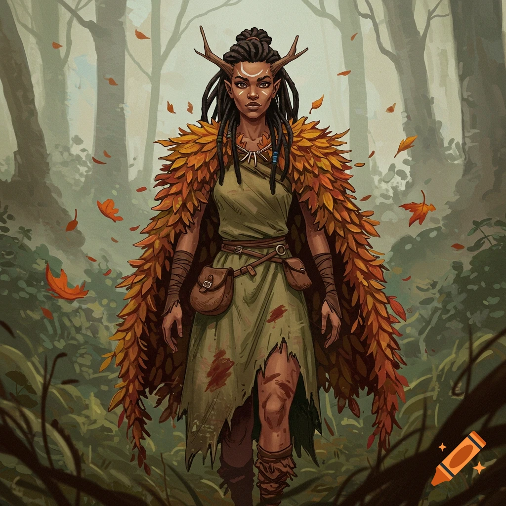 A female druid with dreadlocks, antlers, and a leaf cloak stands in a forest. on Craiyon