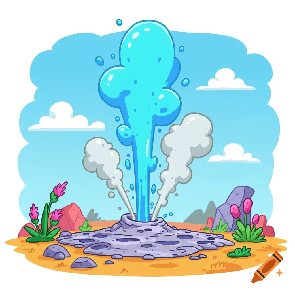 Cartoon geyser erupting in a desert landscape on Craiyon