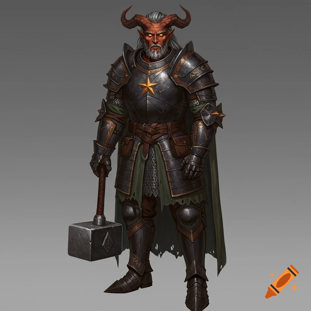 Tiefling paladin with copper skin, gray hair, and ornate plate armor ...