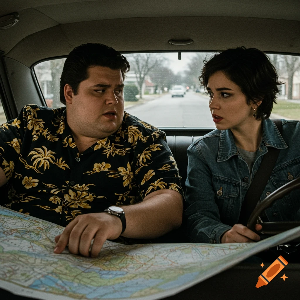1984 movie scene with two people in a car arguing over a map on Craiyon