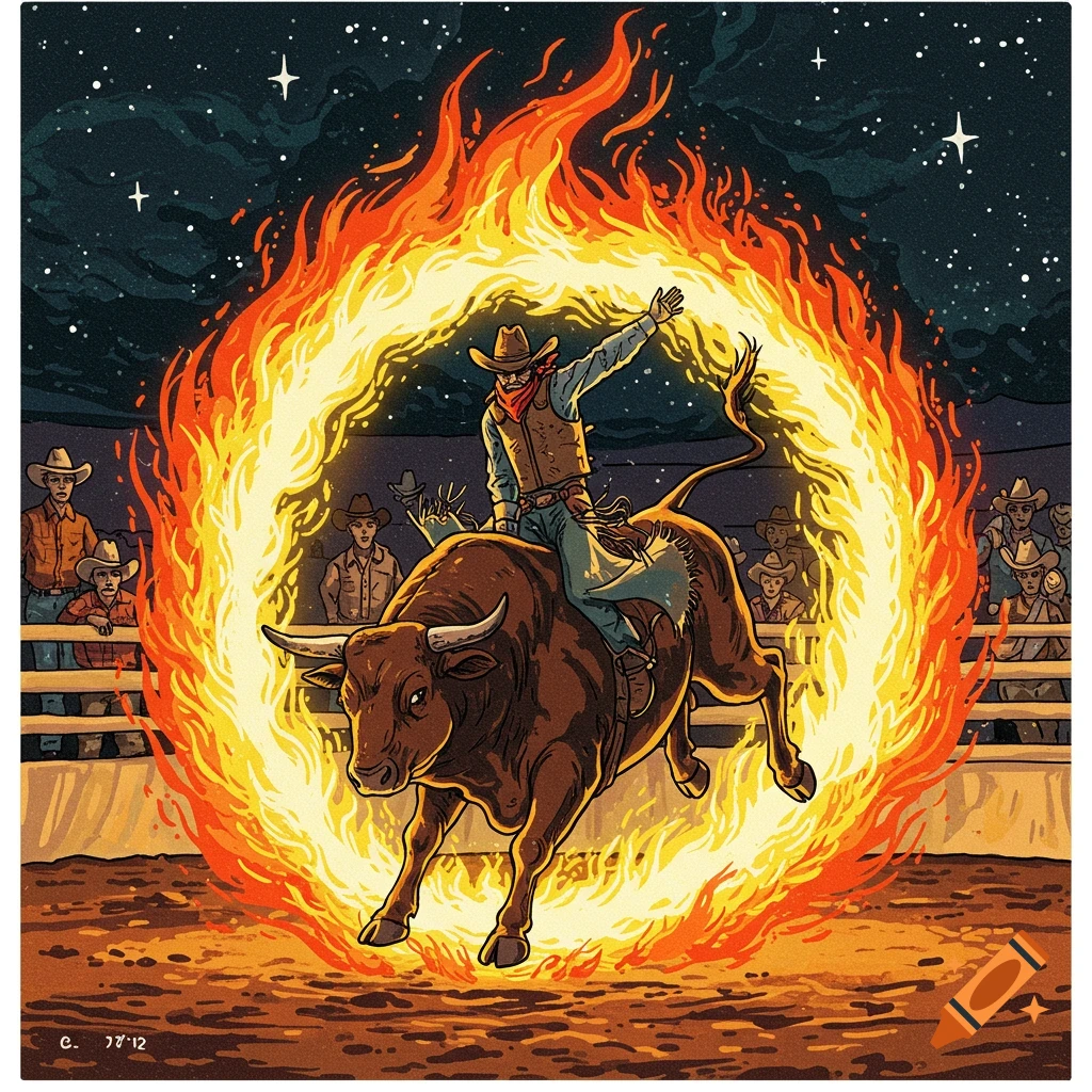 Retro drawing of a bull rider jumping through a ring of fire at a rodeo ...