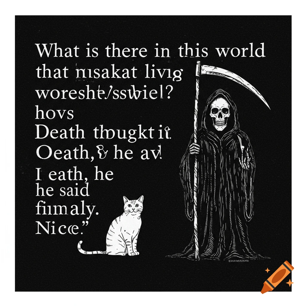 Monochrome drawing of a cat and the Grim Reaper with quote about cats ...