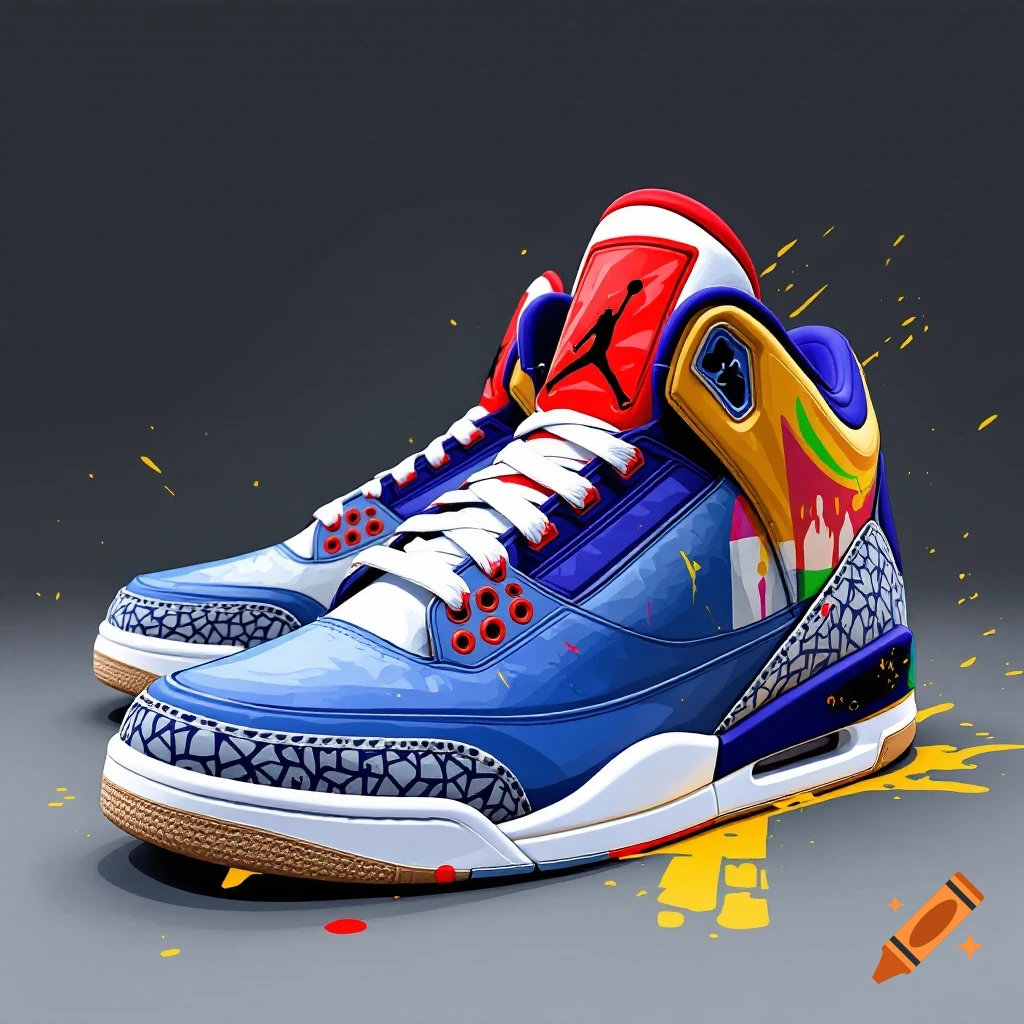 Custom Jordan 3 sneakers with blue, red, yellow, and paint splatter ...