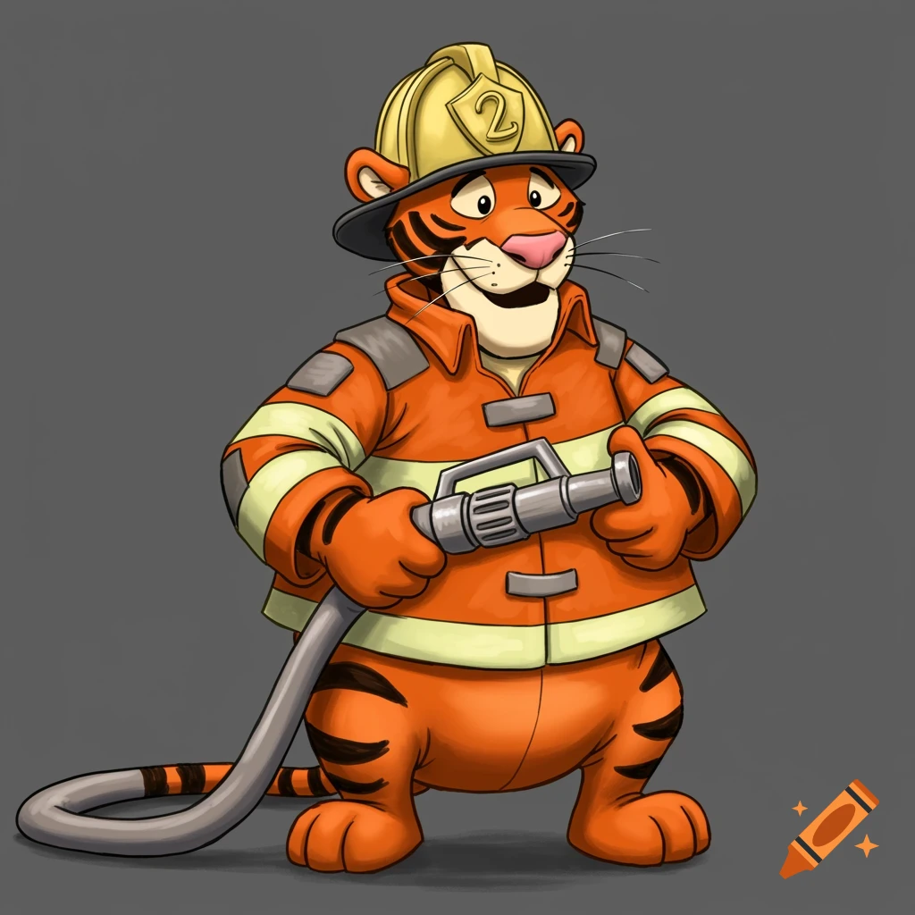 A cartoon tiger wears a firefighter uniform and helmet, holding a fire ...