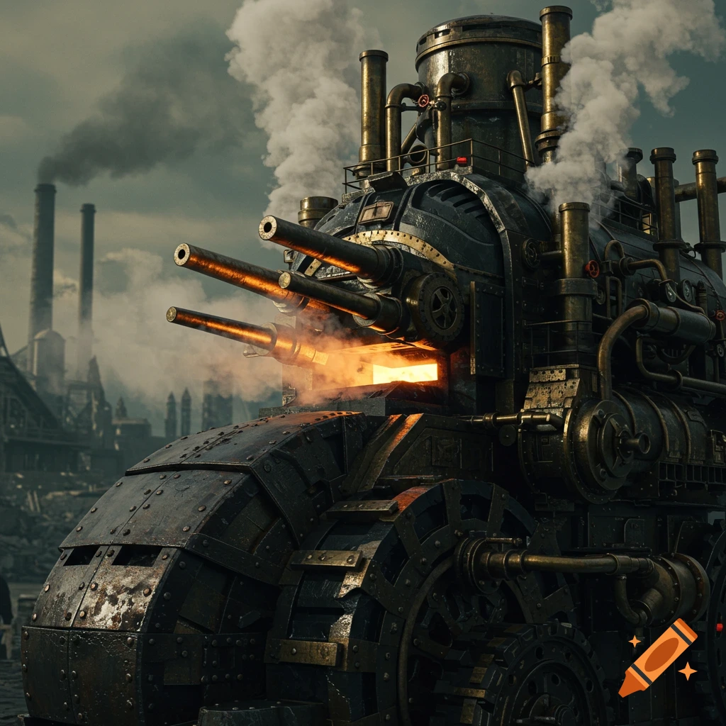 A large steampunk war machine with cannons and steam billowing against ...