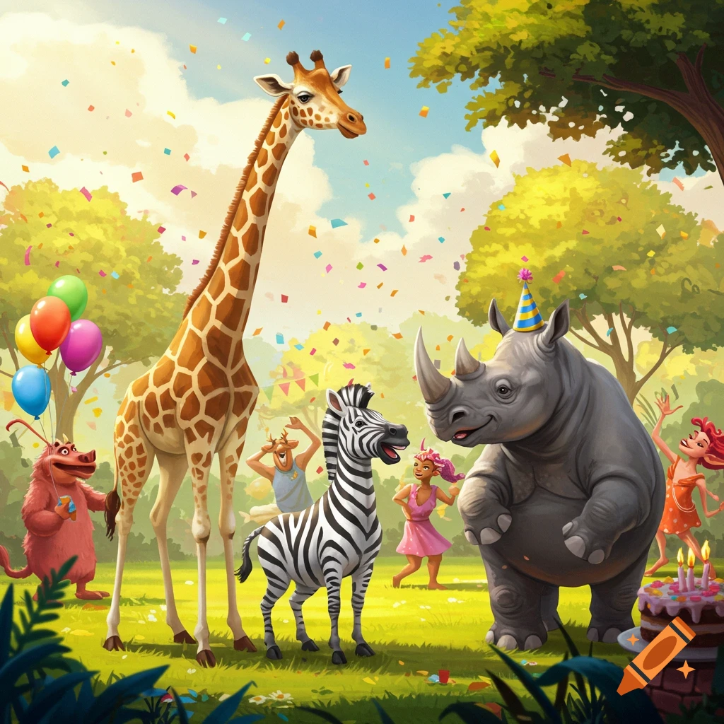A giraffe, zebra, rhino, and cartoon characters are at a party with ...