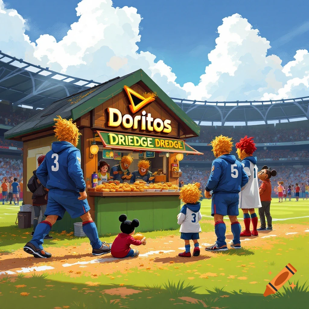 Food booth at a soccer field selling Doritos-dredged foods, with people ...