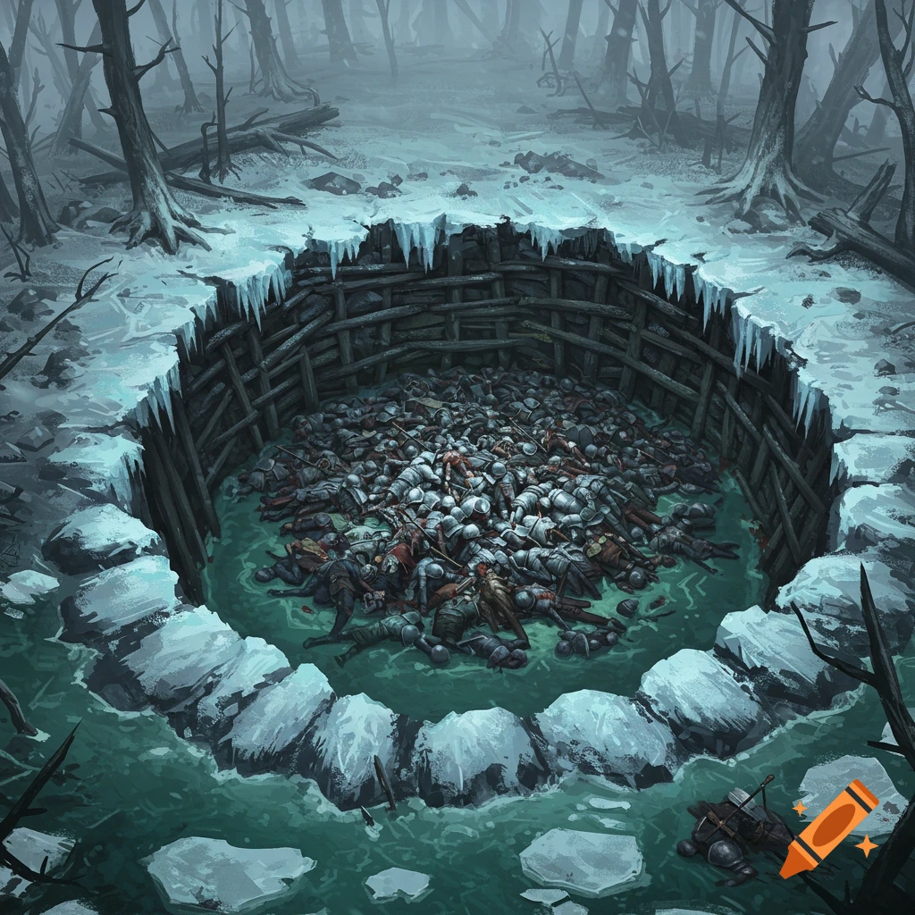 Battlemap of a corpse pit in an icy swamp on Craiyon