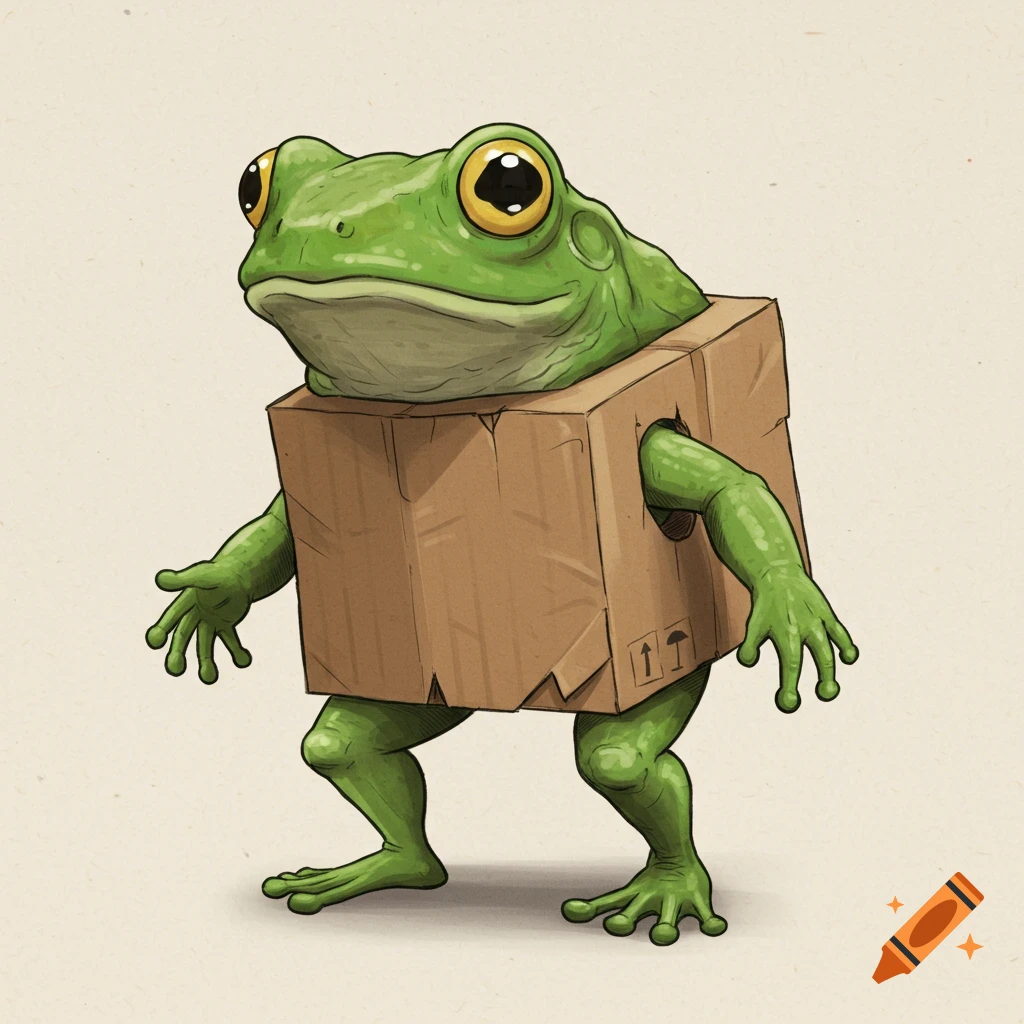 Illustration of a frog wearing a cardboard box body with frog legs and ...