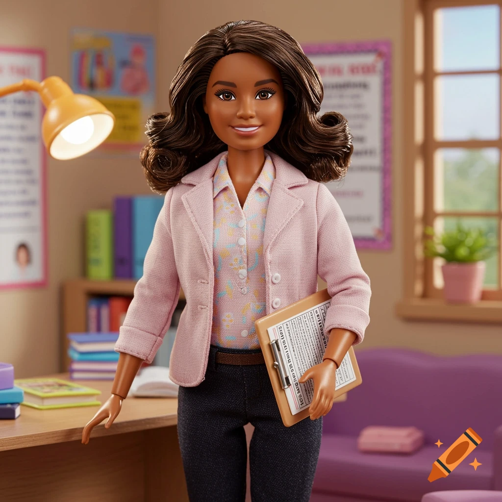 A Latina Barbie doll styled as a school counselor holds a clipboard in ...