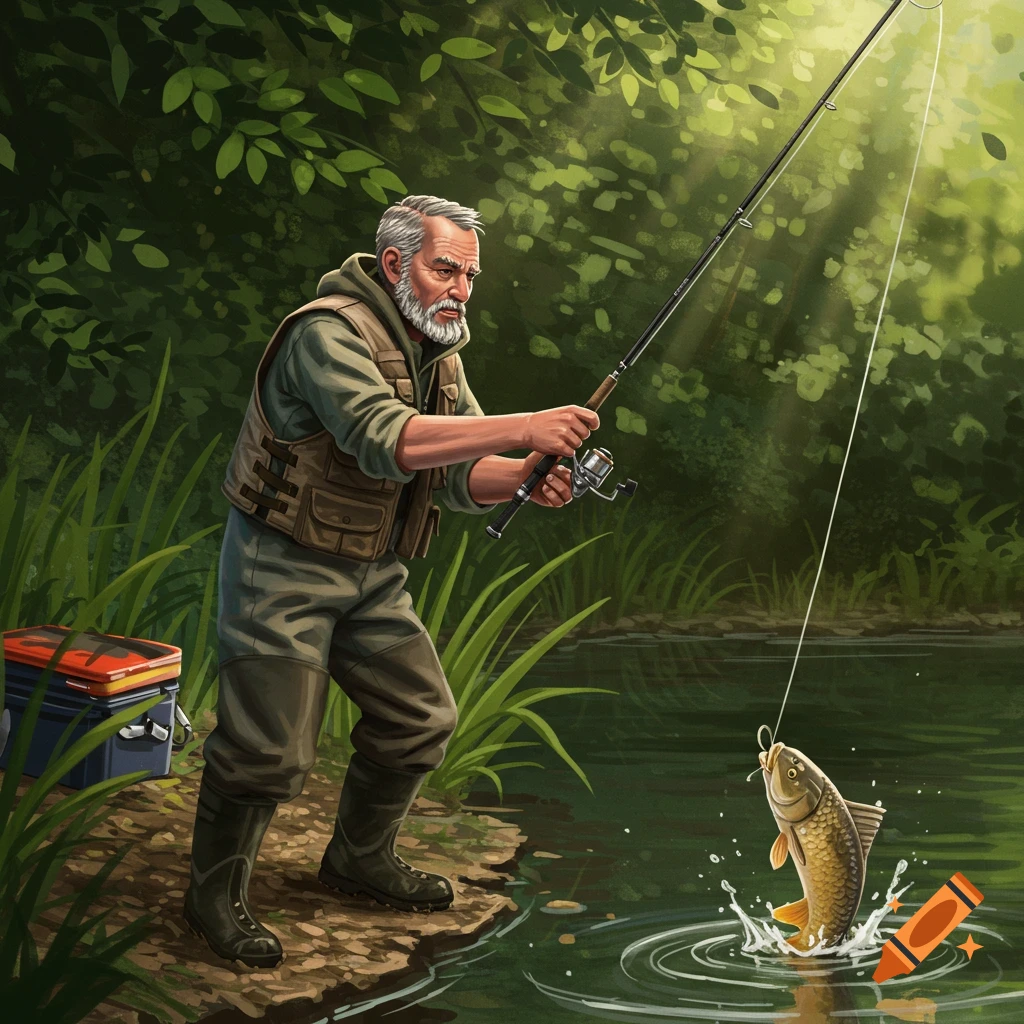 An old man fishing by a river, catching a fish. on Craiyon