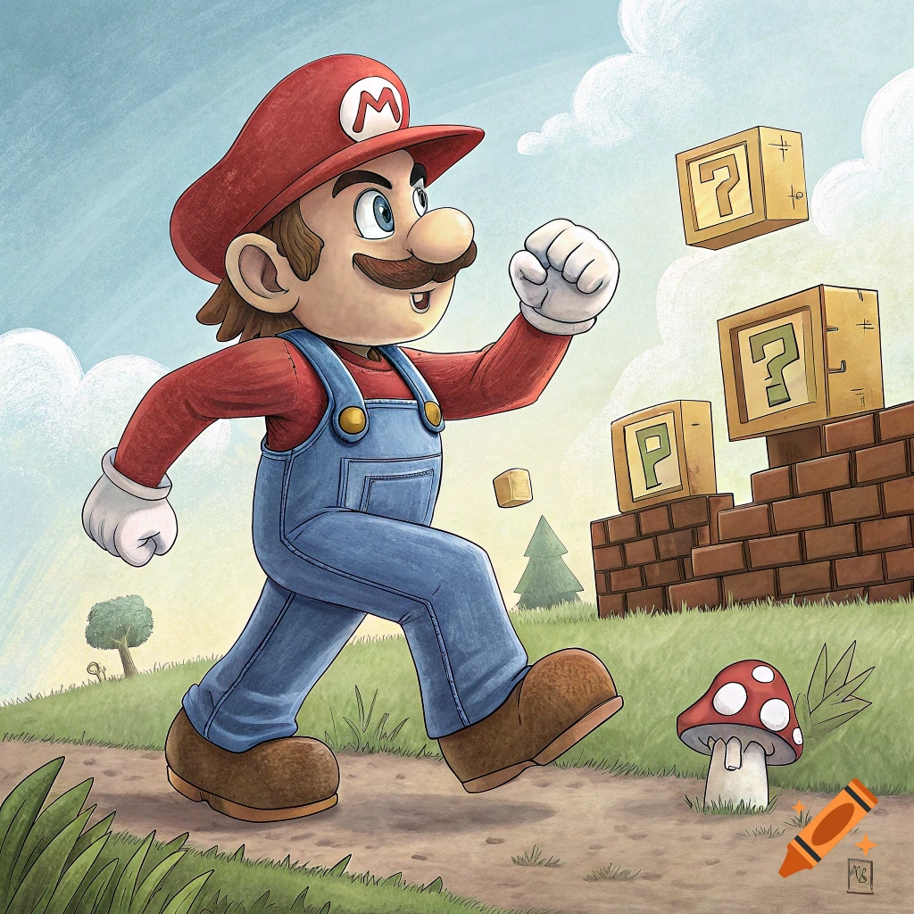 Cartoon illustration of Super Mario running through a colorful game ...
