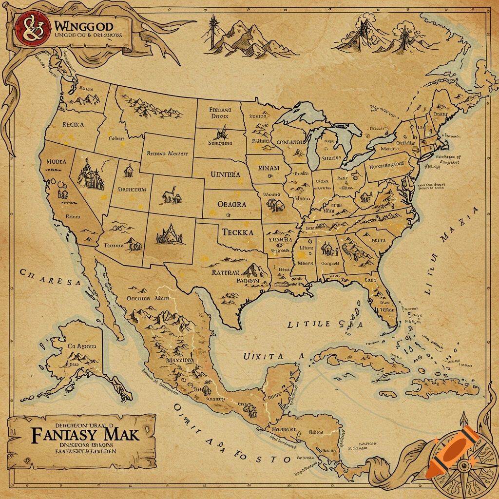 Dungeons & Dragons fantasy map of the USA on vintage parchment on Craiyon