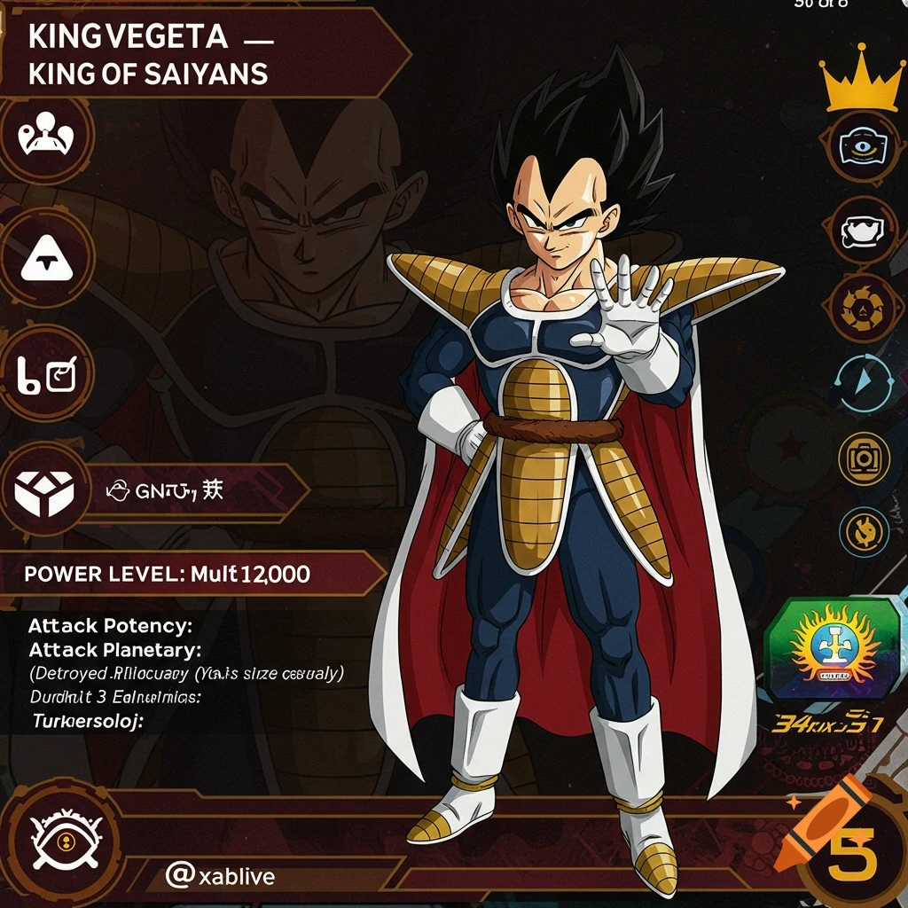 King Vegeta from Dragon Ball on a character stat card with stats and ...