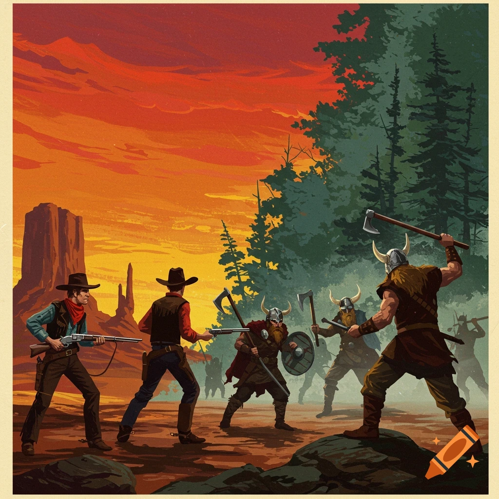 A poster for a 60s movie showing cowboys and vikings fighting in a ...