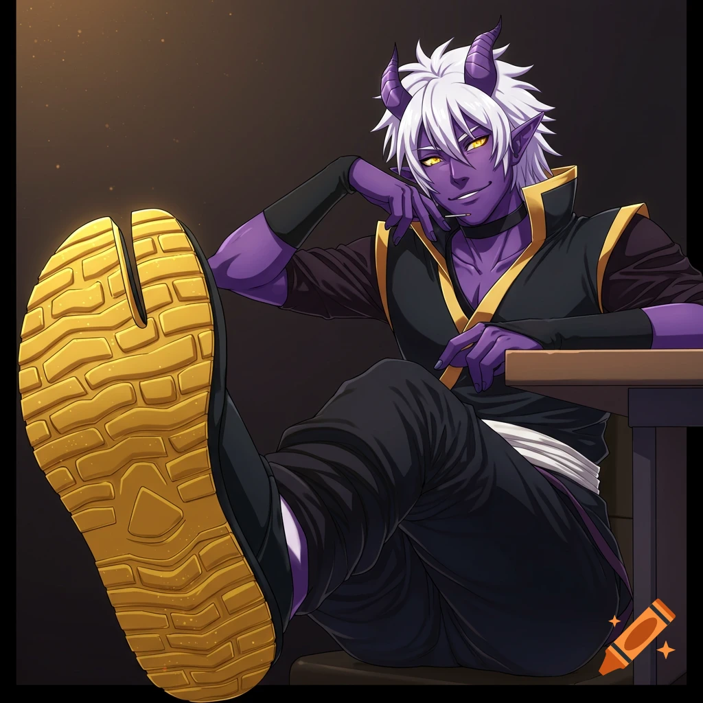 Anime tiefling thief with purple skin and glowing eyes wearing black ...