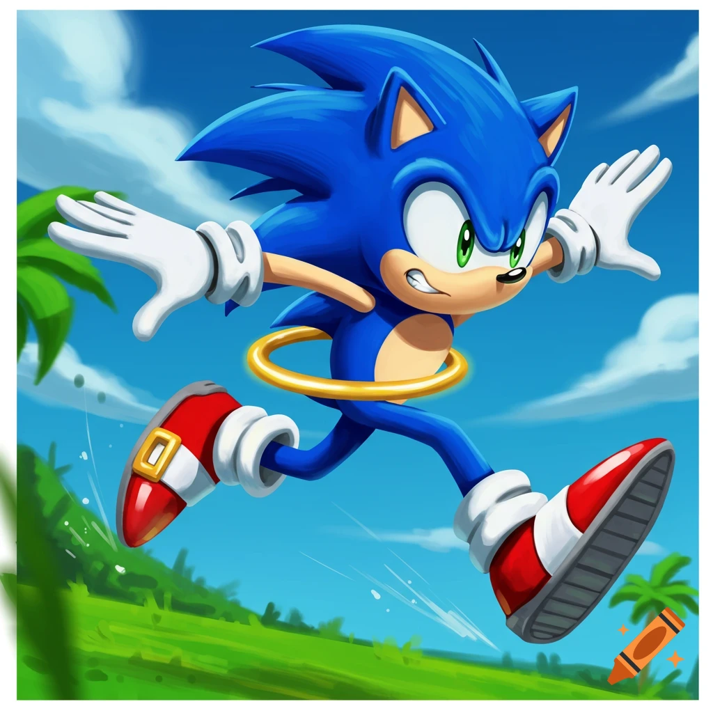 Sonic the Hedgehog running through a grassy landscape under a blue sky ...