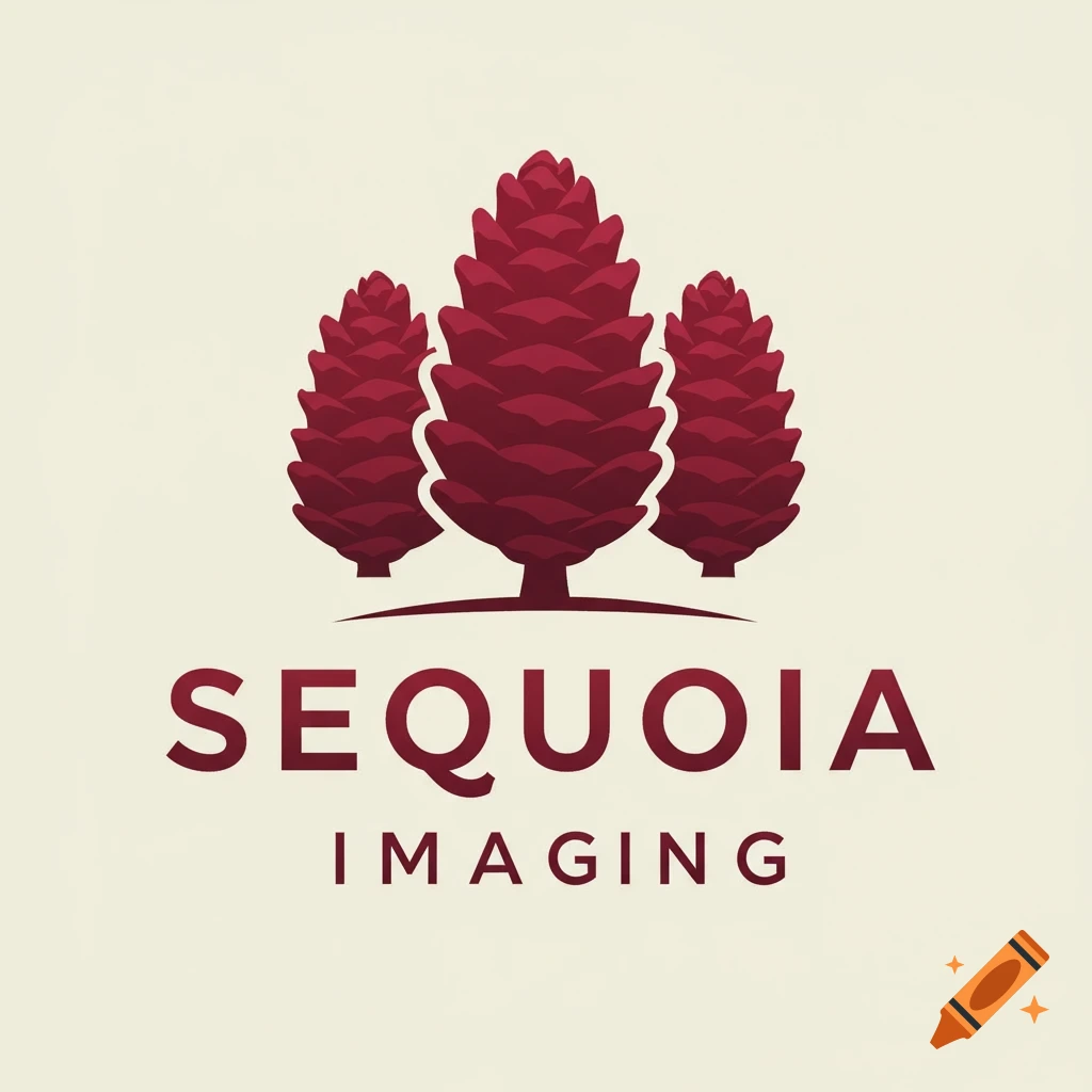Sequoia Imaging logo with redwood cones in crimson on Craiyon