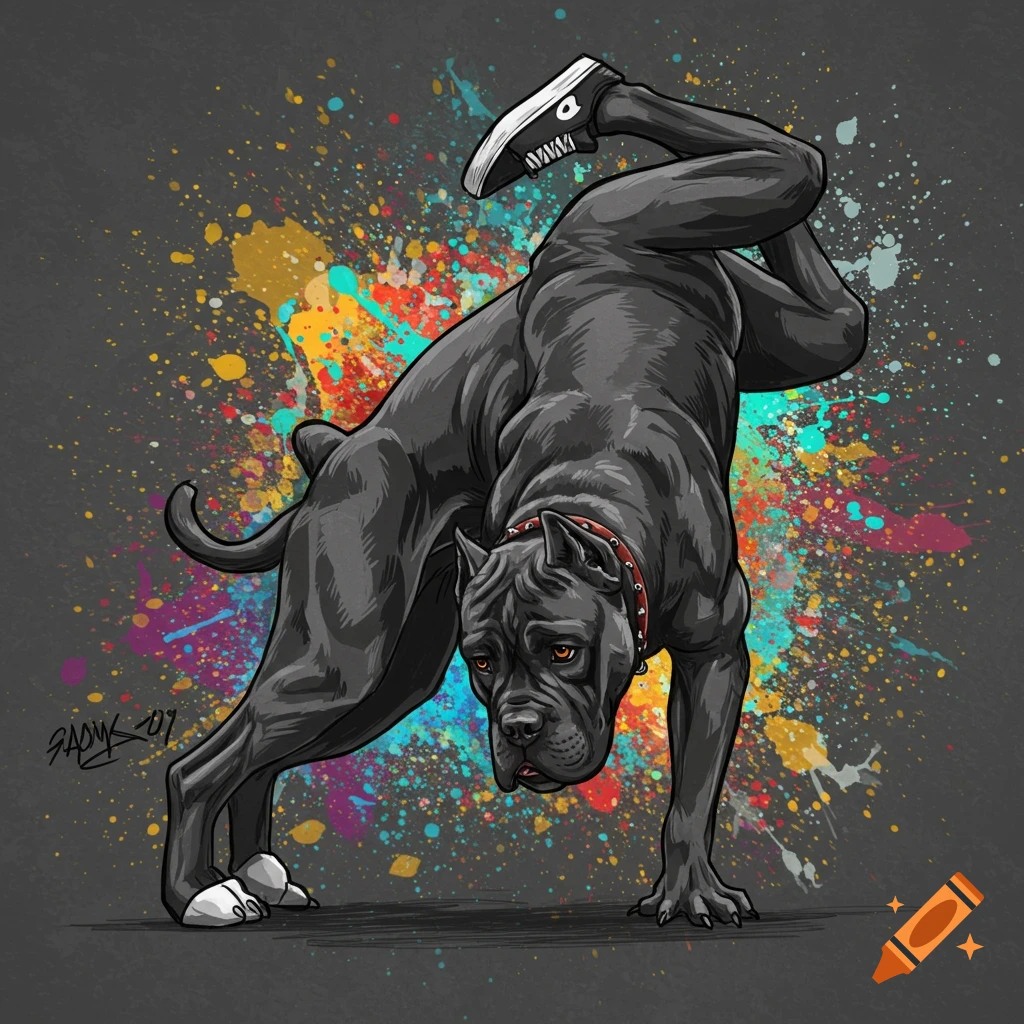 A black Cane Corso dog breakdancing with colorful paint splatters. on ...