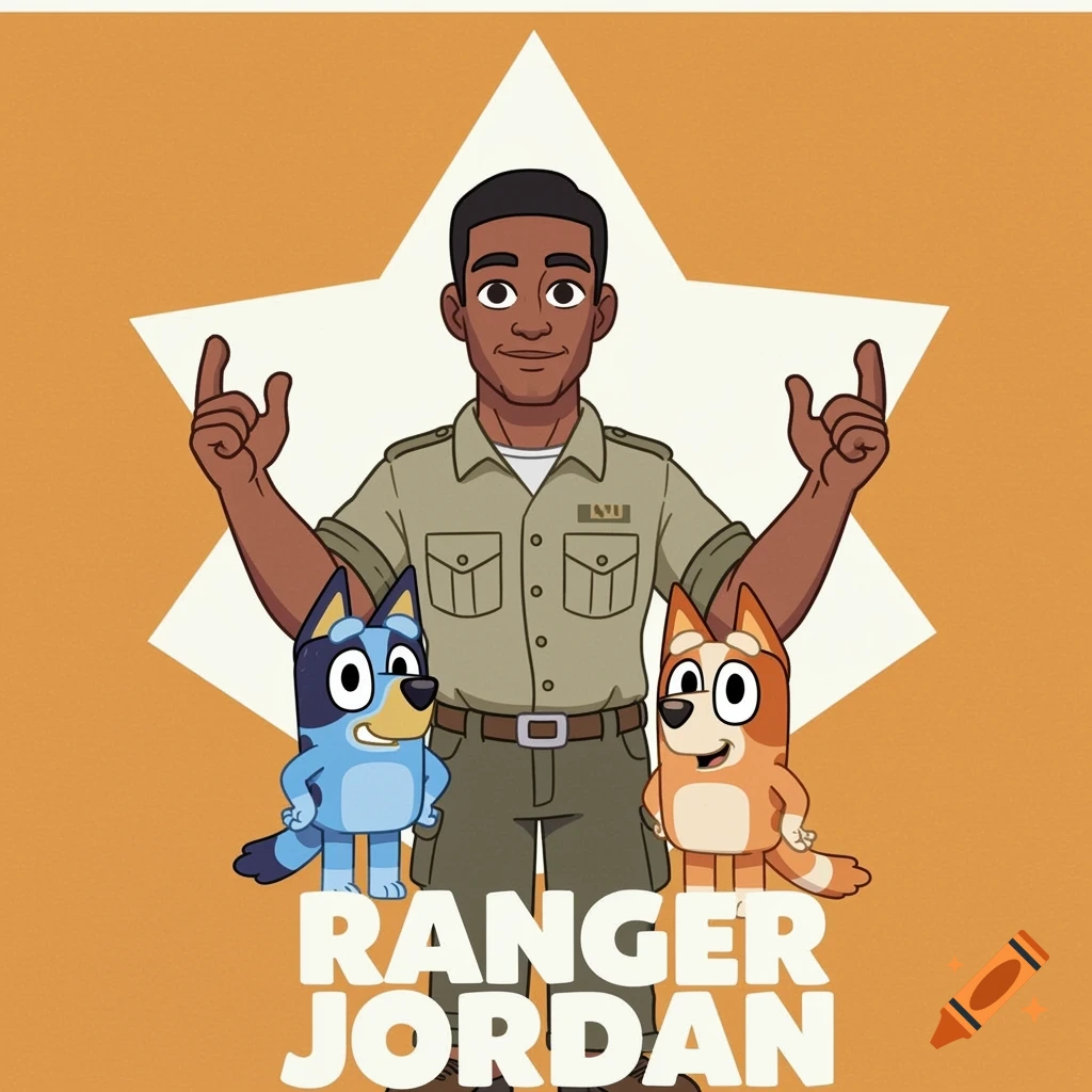 Cartoon style image of a man in a ranger uniform standing with cartoon ...