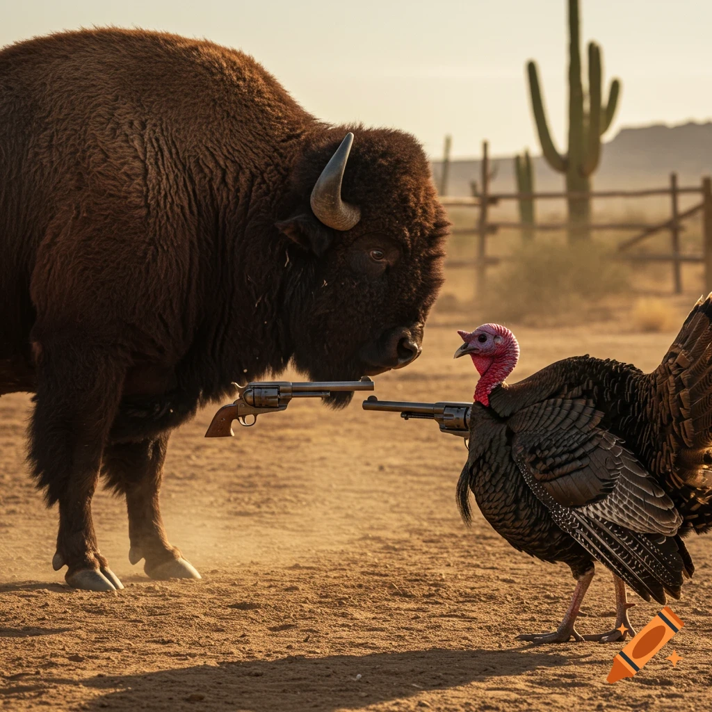 Cartoon buffalo and turkey in old west gun duel on Craiyon