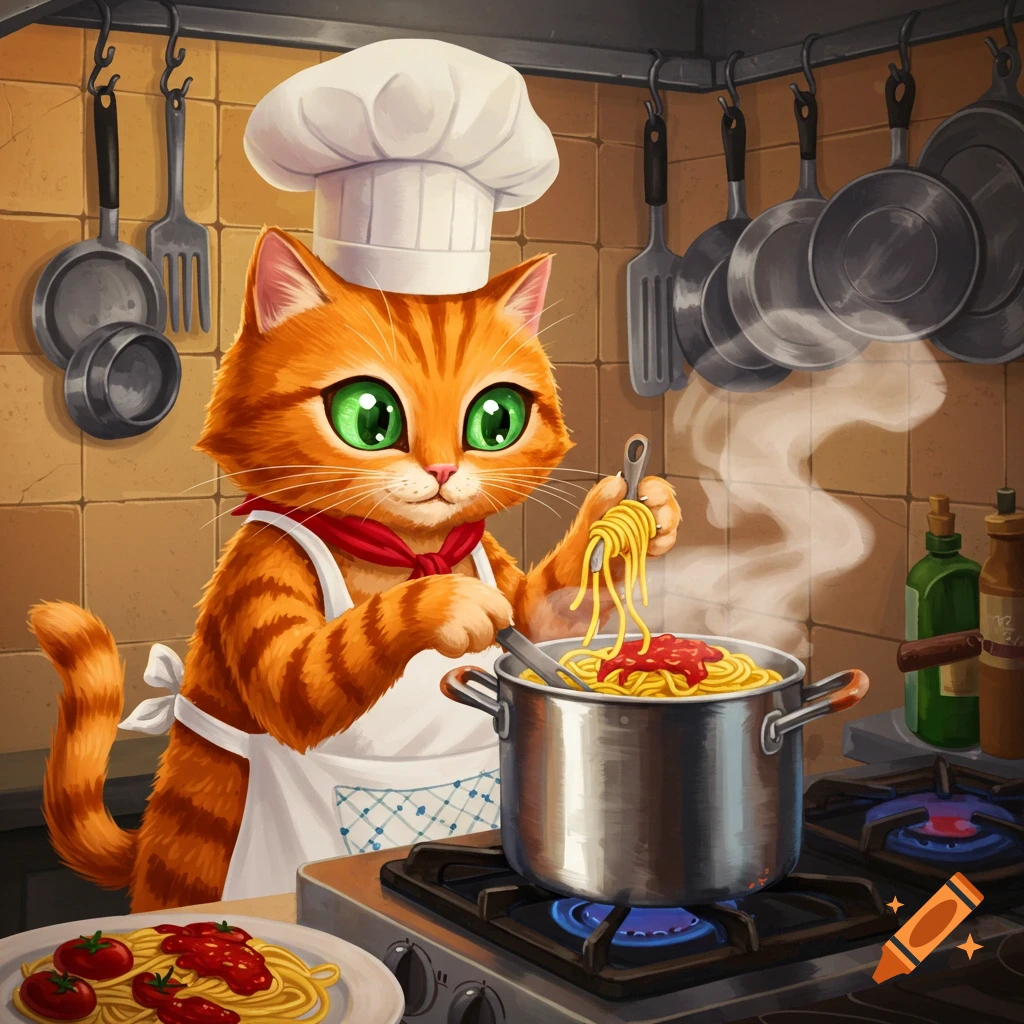 An orange tabby cat wearing a chef hat and apron stirs a pot on a stove ...