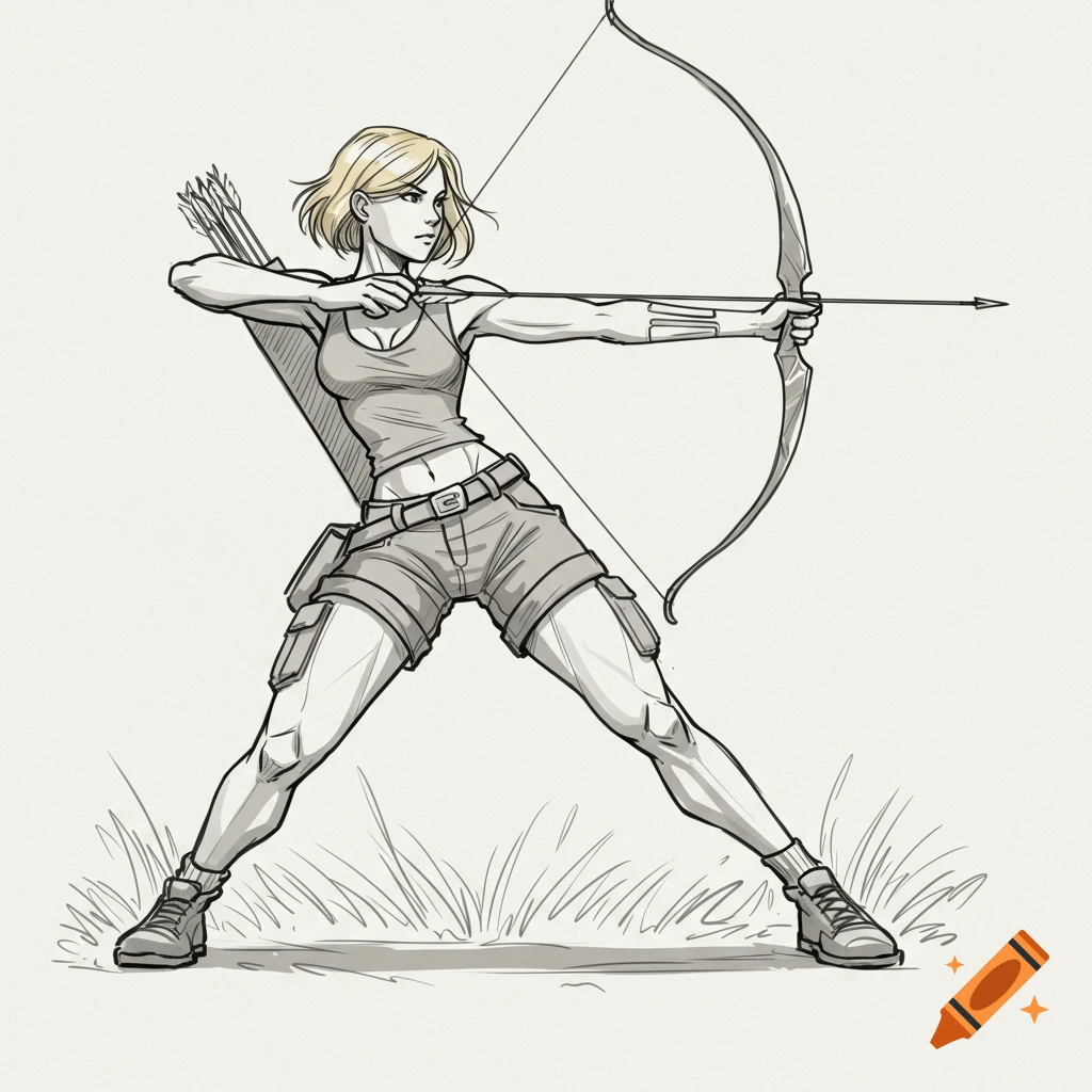 Sketch of female archer with blonde bob hair in cargo shorts on Craiyon