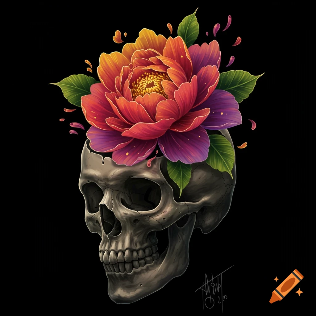 A skull with a vibrant flower blooming from its top on a black ...