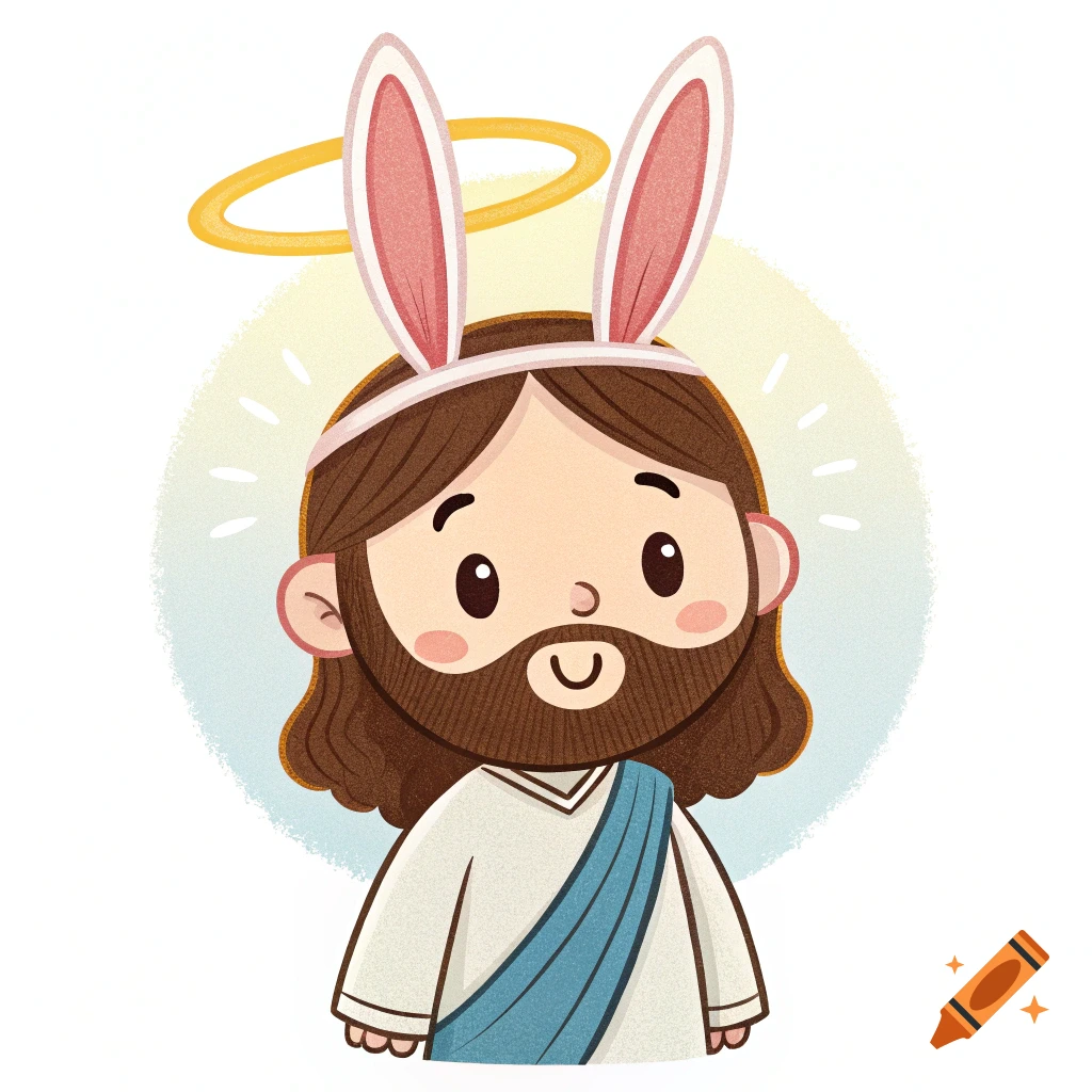 Clipart illustration of cartoon Jesus wearing bunny ears and a halo on ...