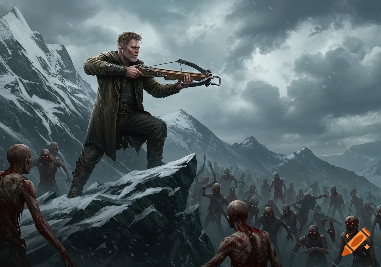 Man with crossbow on mountain surrounded by zombies horde on Craiyon