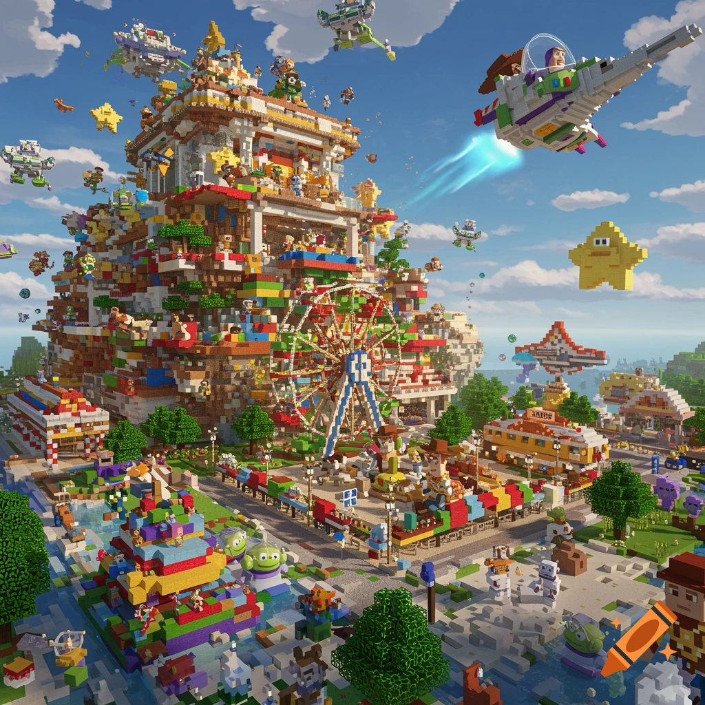 Toy Story-themed Minecraft mega structure on Craiyon
