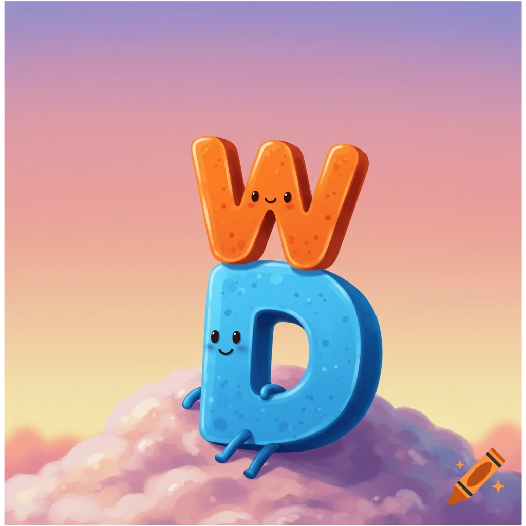 Cartoon characters of the letters W and D stacked on a cloud. on Craiyon