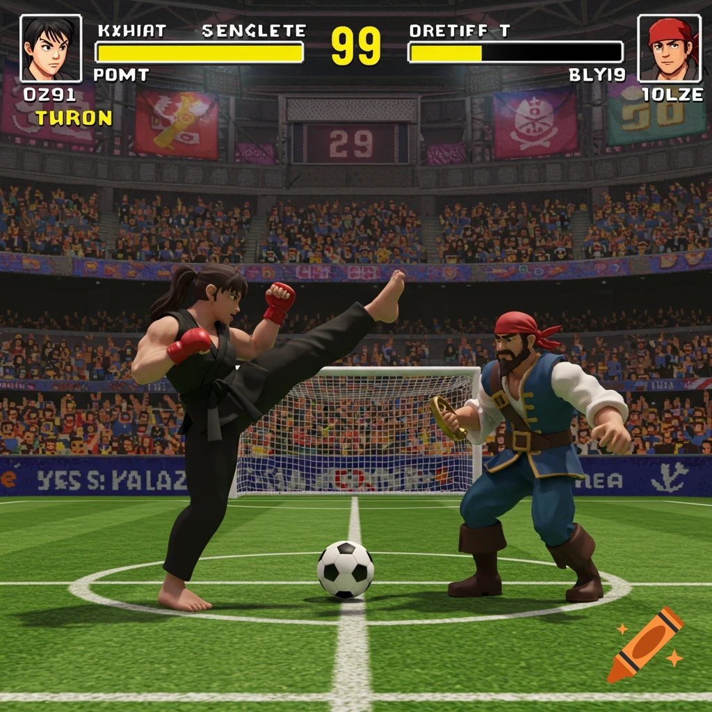 PS1 3D fighting game: karate girl vs pirate in soccer arena stage on ...